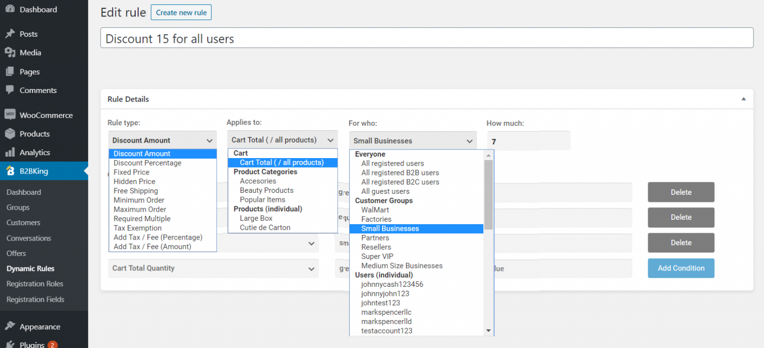 Dynamic rules (discount, free shipping, fixed price, hidden price ...