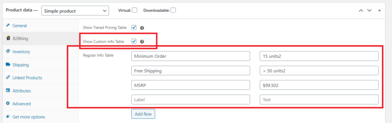 Custom Information Table for Products - B2BKing